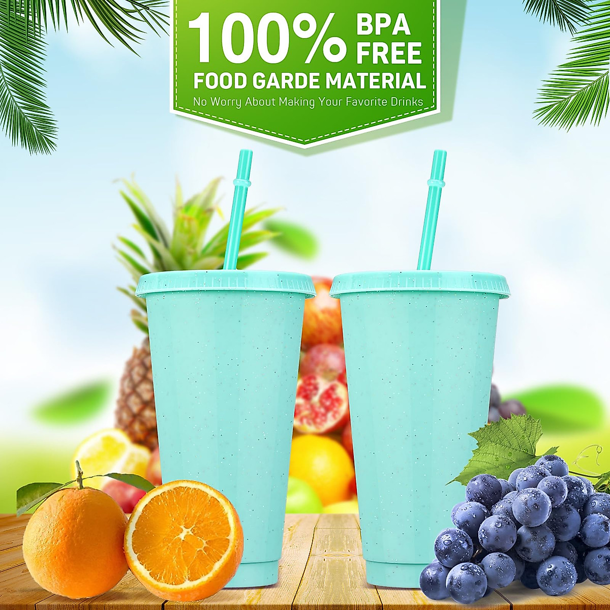 Roshtia 24 Pack Plastic Tumblers with Lid and Straw Reusable Cups Bulk Water Bottles Iced Coffee Travel Mug Cup for Birthdays Party Juices Adults Kids (24 OZ, Clear)