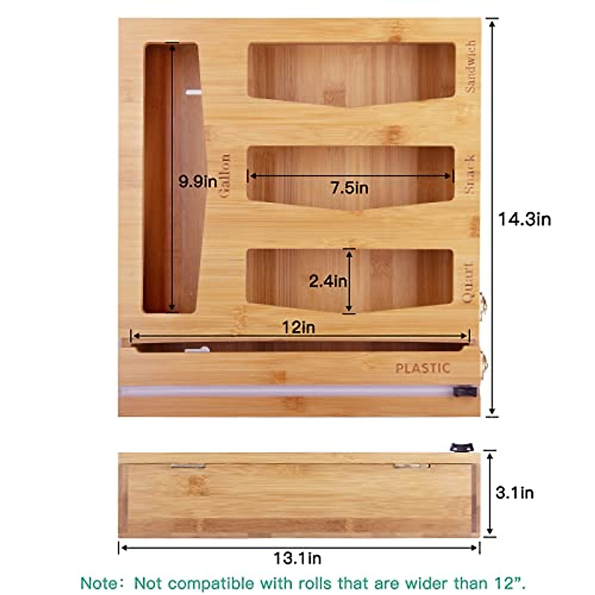 Ziplock Bag Storage Organizer with Plastic Wrap Dispenser for Kitchen Drawer, Bamboo Baggie Organizer for Gallon, Quart, Sandwich and Snack, Aluminum Foil and Wax Paper Holder Compatible with 12" Roll