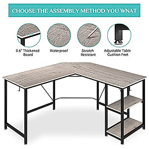 Klvied L Shaped Desk, Large Computer Desk, Office Desk with Storage Shelves, Corner Desks for Home Office, Reversible Writing Desk, Space-Saving Workstation Desk, Modern Simple Wooden Desk, Grey