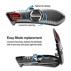 HAUTMEC Heavy-Duty Retractable Utility Knife, one-piece 3 Position Fixed Blade Box Cutter, Aluminum Alloy Shell with 3 extra blades HT0247-KN