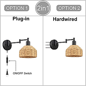 Plug in Wall Sconces, Swing Arm Wall Lamp with Natural Paper String Lampshade Set of 2, Vintage Adjustable Wall Mounted Sconce Wall Lighting Fixture for Bedroom,Bedside,Kitchen,Living Room,Reading
