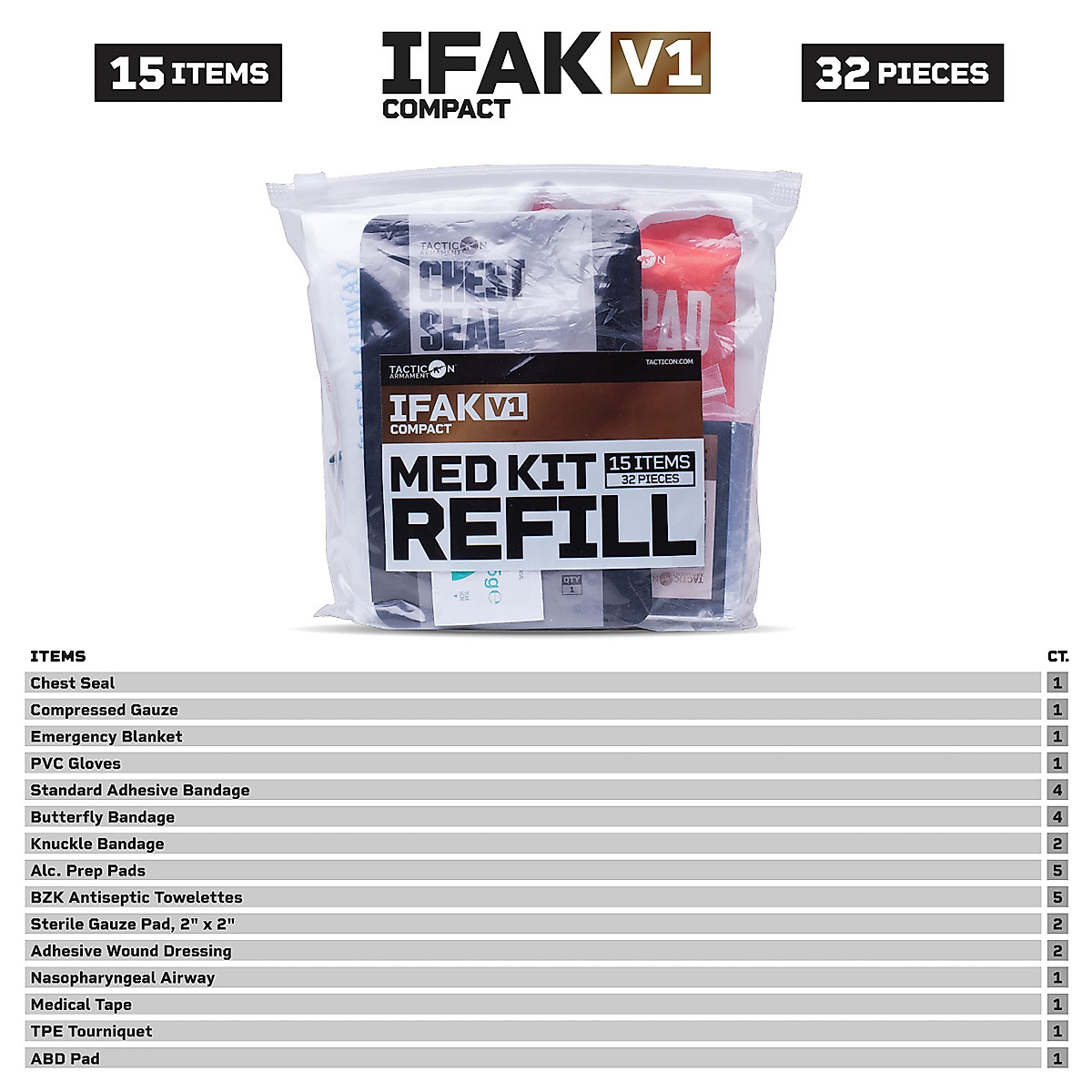 TACTICON V1 IFAK | Tactical Trauma Refill Kit | First Aid | Vented Chest Seal | Combat Tourniquet | Compressed Gauze | NPA Nasopharyngeal Airway | Bandages | Medical Tape | Gloves | Emergency Supplies