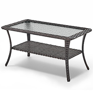 Outdoor Coffee Table - Patio Rattan Wicker Coffee Table with Tempered Glass Top and 2-Tier Storage Outdoor Table for Deck Porch Balcony Garden - Brown