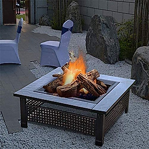 LEAYAN Garden Fire Pit 32in Outdoor Fire Pit Metal Square Firepit Portable Grill Barbecue Rack Wood Burning Backyard Patio Beaches Camping Picnic Bonfire Stove with Cover BBQ Cooking for Backyard