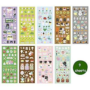 Cute Essential Kawaii Aesthetic Stationery Sticker Pack 9 Sheets (160+ Stickers) - for Planners, journals, scrapbooks, Gifts, Kpop photocards, polocos, Bear, Birth Month Flower, Birthday (Seasons)