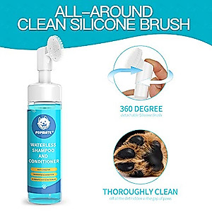 PUPMATE Paw Cleaner, No-Rinse Waterless Shampoo Dogs Cats Feet Cleaning Silicone Pet Grooming Brush, Rose Scent, 6.8 oz, Unique Design Pet Shampoo