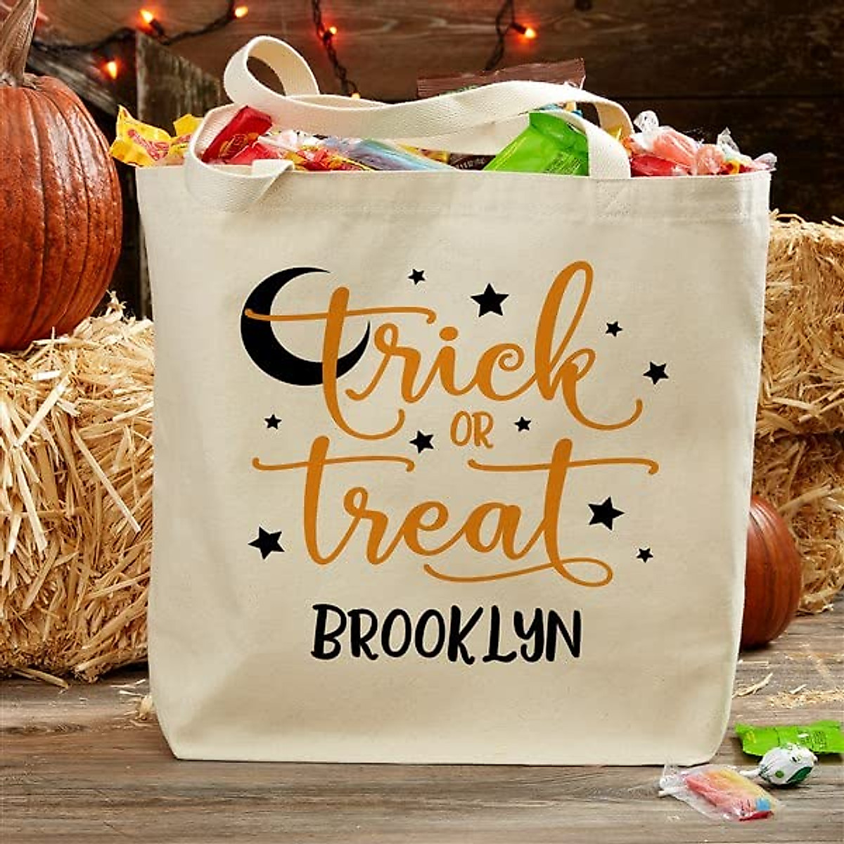 Personalization Universe Trick or Treat Halloween Tote Bag - Customizable Trick or Treat Canvas Bag with Shoulder Strap, Perfect for Halloween Candy, Machine Washable, 20" W x 15" H x 5" D