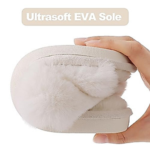 Evshine Women's Fuzzy Slippers Cross Band Memory Foam House Slippers Open Toe Indoor Outdoor Shoes, Beige, Size 7-8
