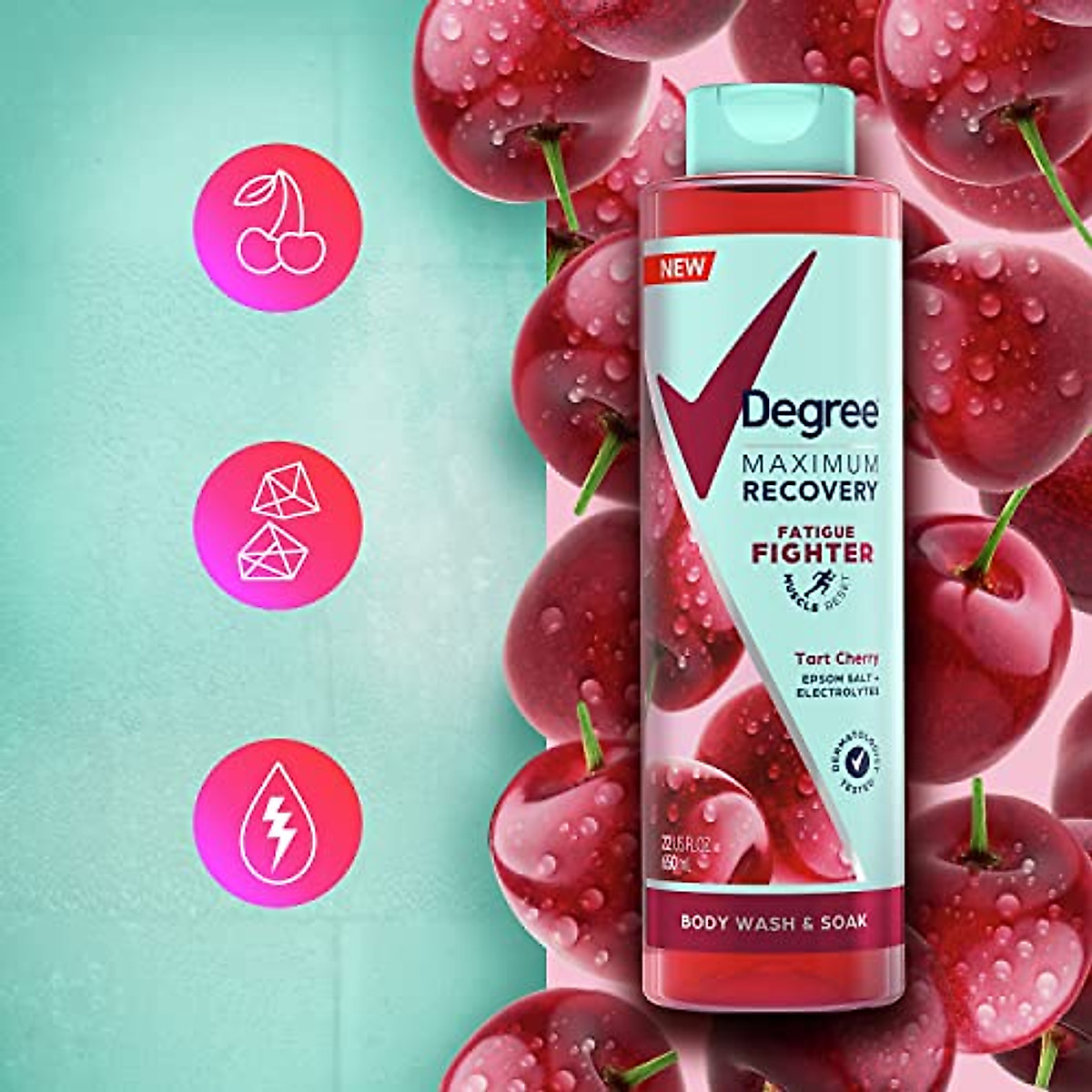 Degree Maximum Recovery Body Wash and Soak Post-Workout Recovery Skincare Routine Tart Cherry + Epsom Salt + Electrolytes Bath and Body Product 22 oz, Pack of 4