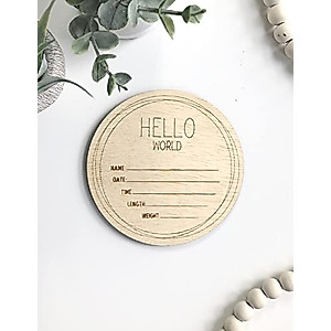 Baby Announcement Welcome Sign, Gender-Neutral, Hello Baby Arrival Photo Prop, Birth Stats Board Photo Prop, Wood Name Hello World Newborn Hospital Board, 5 Inch round