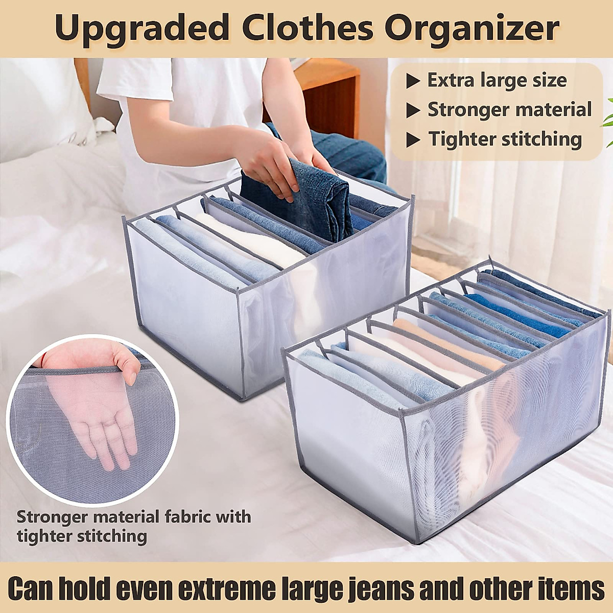 Upgraded Wardrobe Clothes Organizer, TIGARI Drawer Organizers for Clothing, Soft Organizer Clothes, Storage for Folded Jeans, Divided Clothes Organizer for Jeans Pants T-Shirts Underwear (9 Grids)