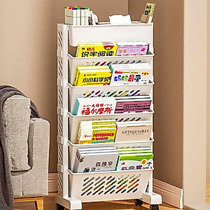 Multifunctional Storage for Books, White Rotating Shelf with 6 Levels, Plastic Bookcase on Wheels!