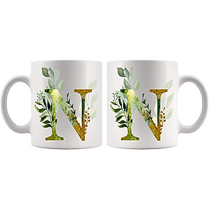 Alpha/N Graphic Letter N Coffee Mug - Alphabet Letter Monogram N - Gold Shimmer Any Letter Floral Alphabet Tea Coffee Hot Chocolate Cup For Her Birthday Christmas Mothers Day Coffee Mug 11oz