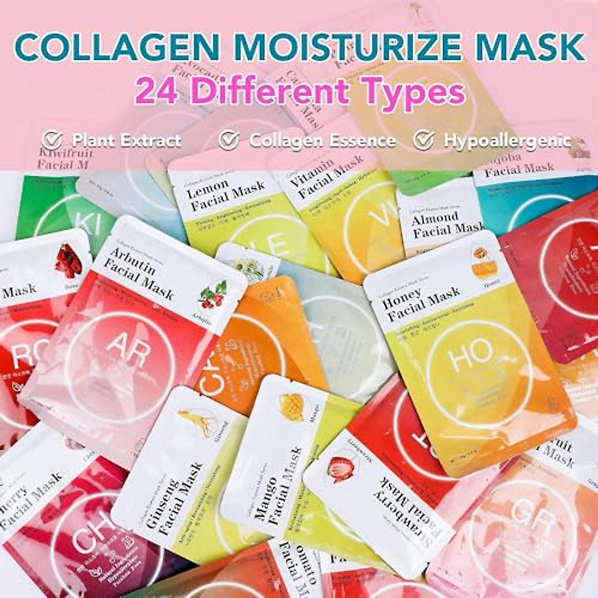 24Pack Collagen Essence Sheet Facial Masks, Face Masks Skincare, Hydrating Face Masks, Moisturizing and Soothing, Natural Skin Care Spa Face Mask, For All Skin Types