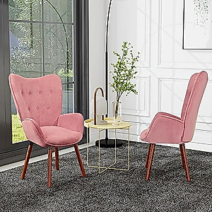 Fangflower Rose Velvet Accent Chair, Modern Button-Tufted Wingback Vanity Seat with Arms, Upholstered High-Back, Sturdy Wooden Legs for Bedroom, Lounge, Living Room
