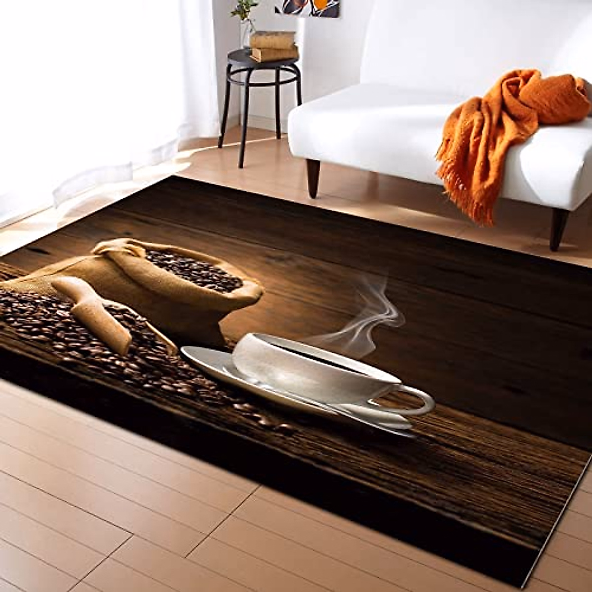 Many Coffee Beans Decorative Area Rug, Cup of Coffee Retro Home Rug, Bedroom Rug with Non-Slip Backing Washable for Bedroom Living Room Dining Room Office (5ft×6ft)