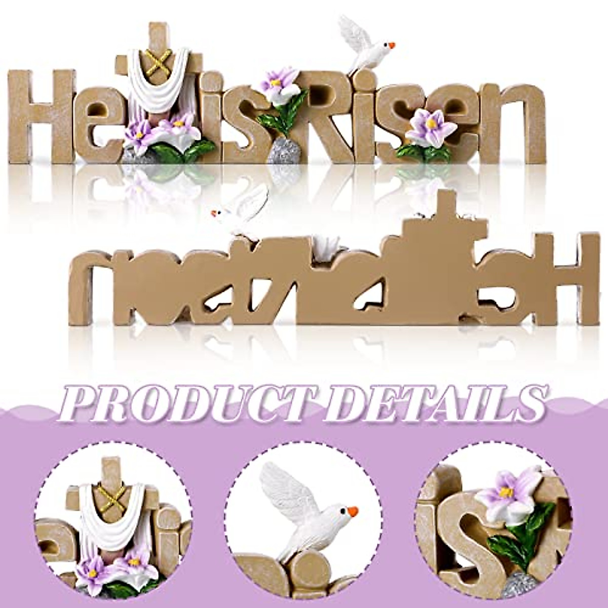 He is Risen Table Top Decoration Easter Resin Table Sign Cross Dove Flowers Easter Table Decor Easter Centerpieces for Tables Rustic Table Top Easter Decorations for Home Dining Room Spring Decor