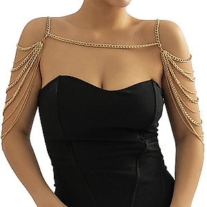 Summer Beach Punk Shoulder Body Chain Multi-Layered Back Chain Bikini Metal Tassel Arm Chain Statement Bridal Wedding Backdrop Necklace Body Chain Jewelry for Women