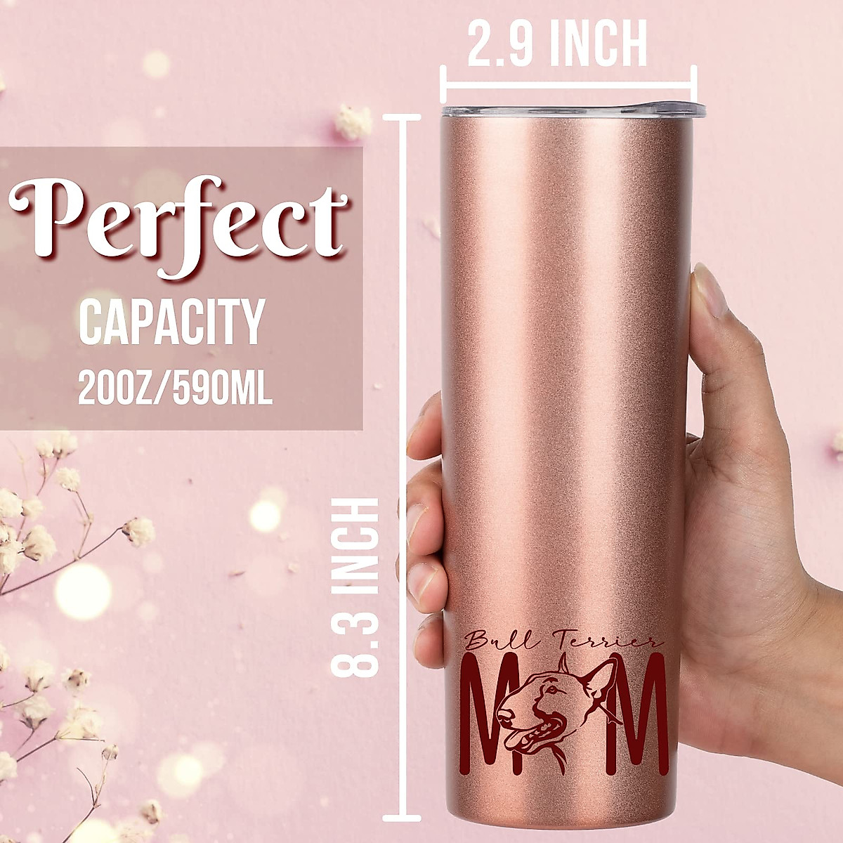 Onebttl Dog Mom Gifts, Dog Lover Gifts for Women, Best Dog Mom Ever, 20 oz Rose Gold Insulated Tumbler - Bull Terrier Mom