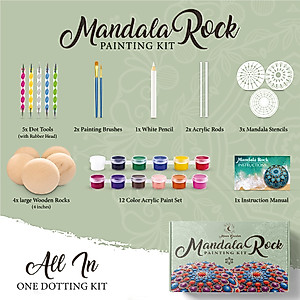 Mandala Rock Painting Kit - Mandala Dotting Tools Kit - Large Wooden Rocks for Painting, Mandala Stencils, Acrylic Paints, Dotting Tools for Painting Rocks - Mandala Dot Art Kit for Adults & Kids