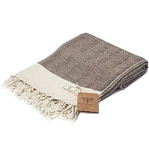 Smyrna Original Turkish Throw Blanket Herringbone Series | 100% Cotton, 50 x 60 Inches | Vintage Boho Throw Blankets for Couch, Sofa, Farmhouse and Home Decor | Lightweight and Super Soft (Latte)