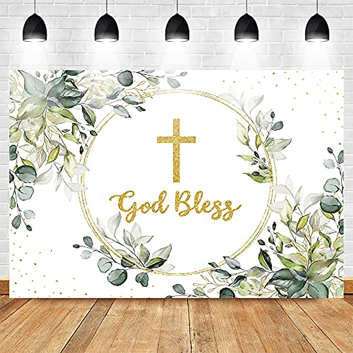 Mocsicka Greenery Baptism Backdrop Green and Gold God Bless Background First Holy Communion Christening Party Cake Table Decoration Banner Photo Booth Props (7x5ft)