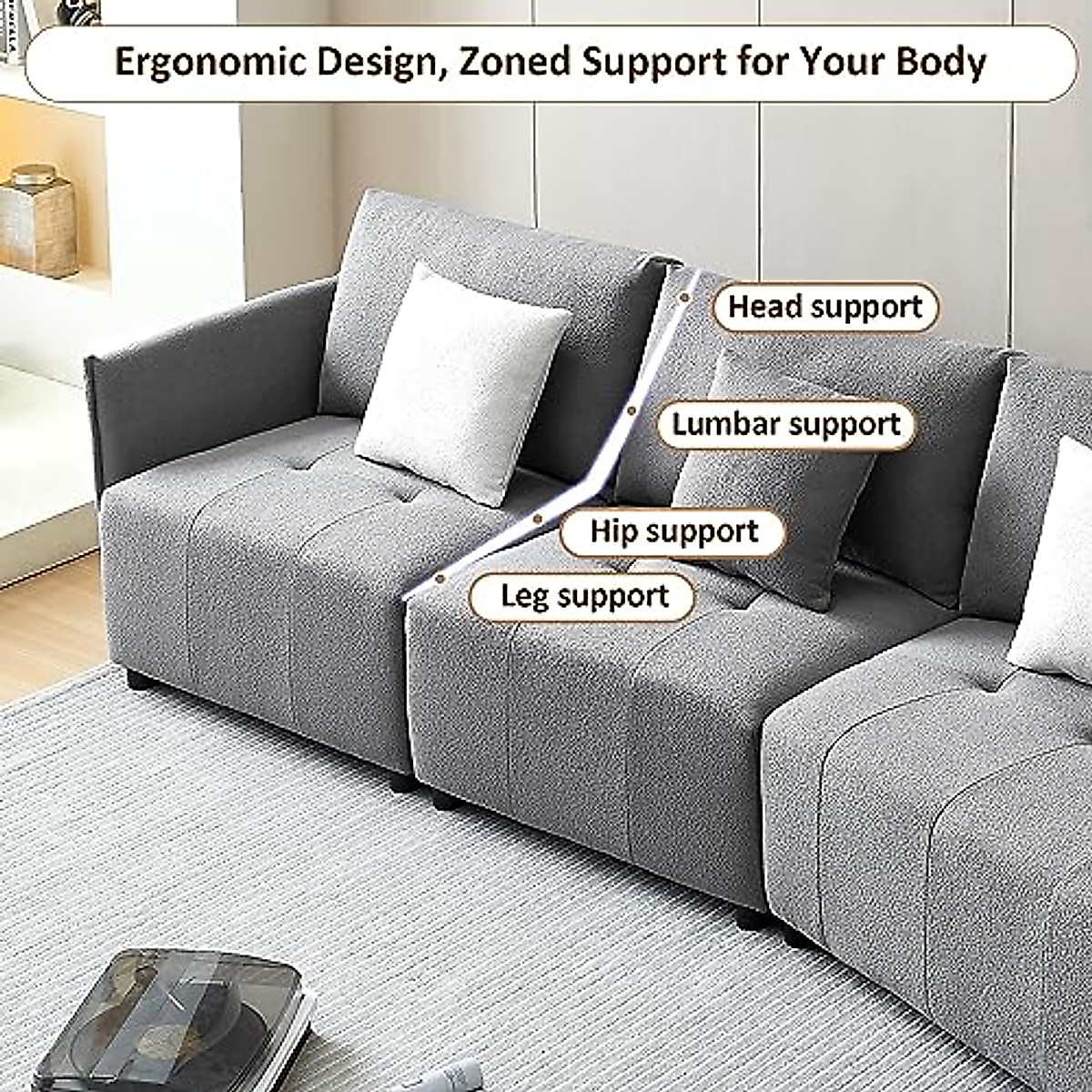 Eafurn 120" Teddy Fleece Curved Chaise Lounge,Free Combination Modular Sectional Set,3 Seater Button Tufted Comfy Sofa & Couches for Living Room Bedroom Apartment with 3 Pillows, Gray