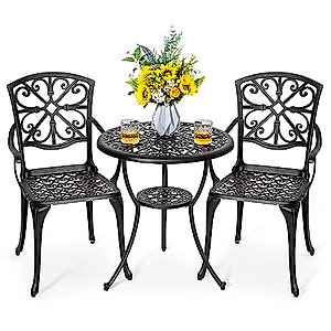Nuu Garden 3 Piece Outdoor Bistro Table Set, All Weather Cast Aluminum Patio Bistro Sets Patio Table and Chairs Set of 2 with Umbrella Hole for Yard, Balcony, Black
