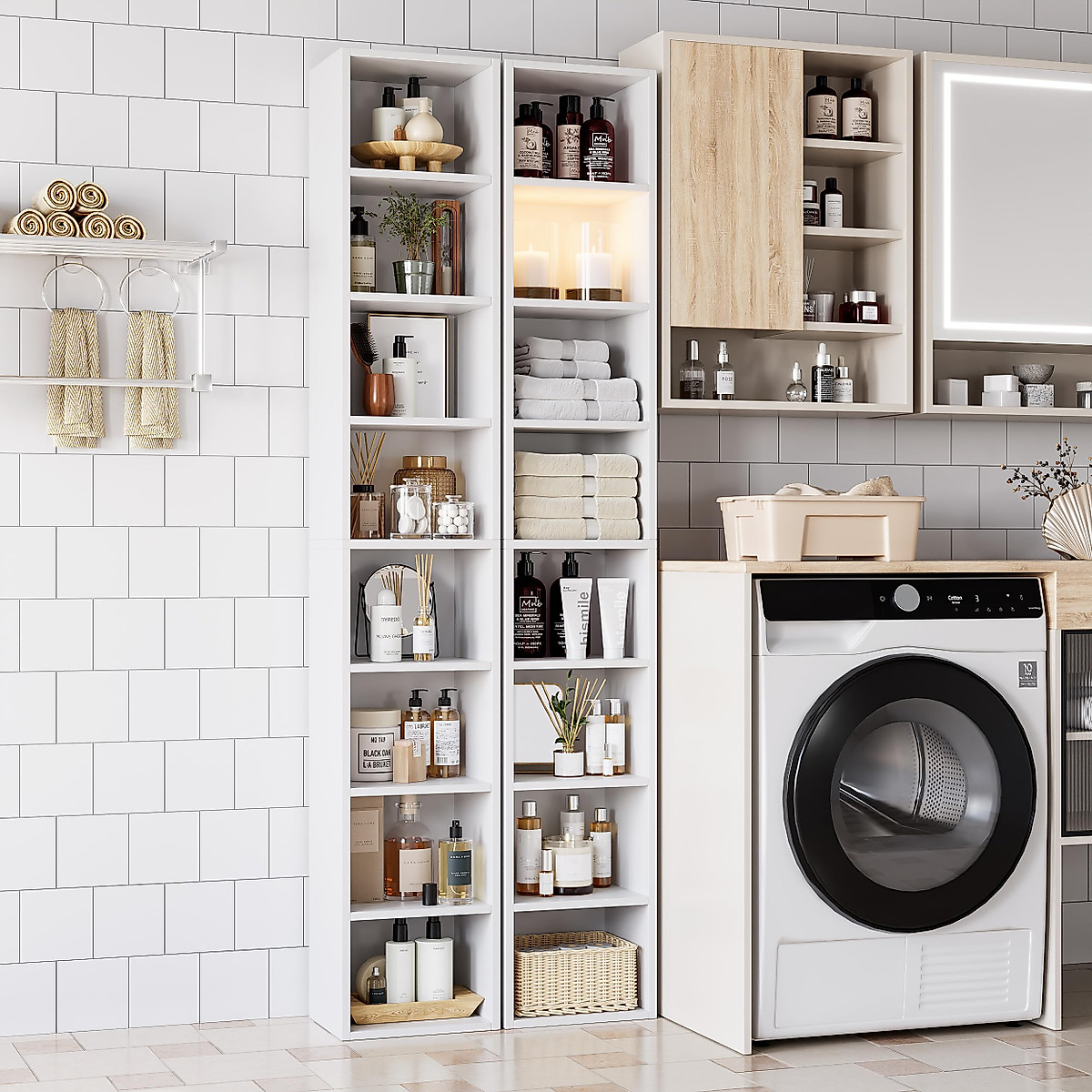 Bamjoy 71 Inches Tall Narrow Bookshelf, 8-Tier CD DVD Slim Media Tower Rack, Corner Bookcase with Adjustable Shelves, Skinny Cubes Bookshelves for Home Office Small Space, White