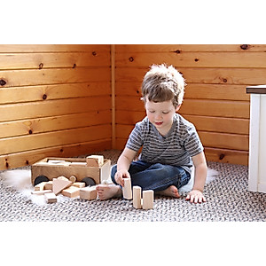 AmishToyBox.com Wooden Toddler Pull Wagon Toy with 24 Wood Building Blocks (Harvest Stain)