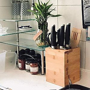 NEOKAVE Small Knife Block Holder- Bamboo Knife Utensil holder - Compact Knife Storage Organizer - Scissors, Utensil, Cleaver, Knife holder without knives for Kitchen Counter - for max 7" Blades
