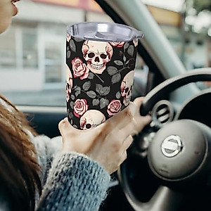 Purple Rose Skull Print 20oz Car Cup Ps Material Lid, Perfect For Hot & Cold Drinks