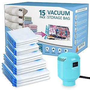 kissleaf Vacuum Storage Bags for Travel with Electric Air Pump,15 Pack(3 Jumbo,3 Large,3 Medium,3 Small,3 Roll Up Bags) Double Zip Seal Space Saver Bag for Comforters,Clothes,Mattress,Blanket, Duvets