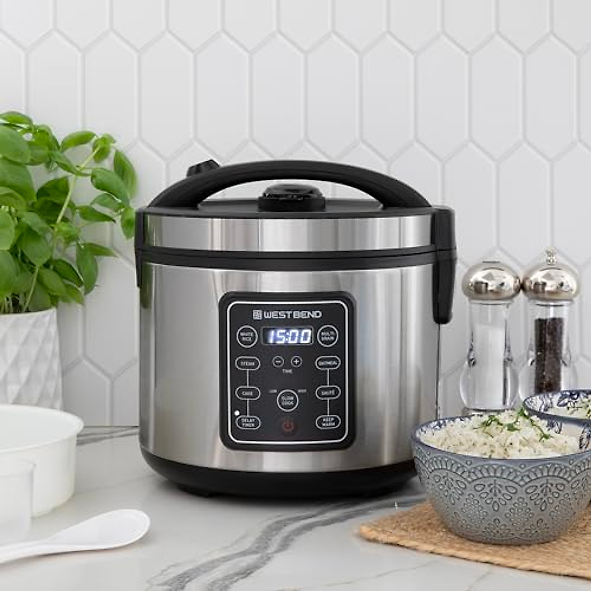 West Bend Rice & Grain Multi Cooker Programmable with 9 Preset Functions, Features Delay Start and Keep Warm Functions and Steam Basket, 20 Cups Cooked, Stainless Steel