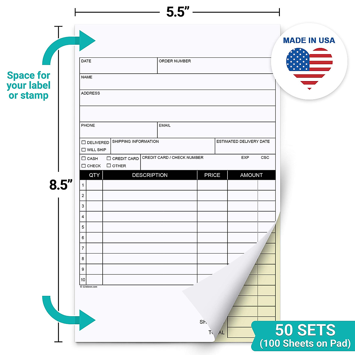 321Done Blank Sales Form Pad, 5.5x8.5 Small 2-Part Carbonless, Made in USA, Carbon Copy Generic Receipt Purchase Order Notebook for Small Business (50 Sets) White/Yellow, Heavyweight Paper