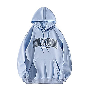 SOLY HUX Women Casual Fashion California Hoodie Los Angeles Pullover Drawstring Graphic Sweatshirt Blue L