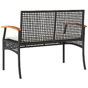 MINERWALL Patio Bench with Cushion Black Poly Rattan Acacia Wood,Comfortable Patio Bench with Padded Cushion and Durable Rattan Frame for Outdoor Use Patio Benches, Outdoor Furniture, Outdoor Benches