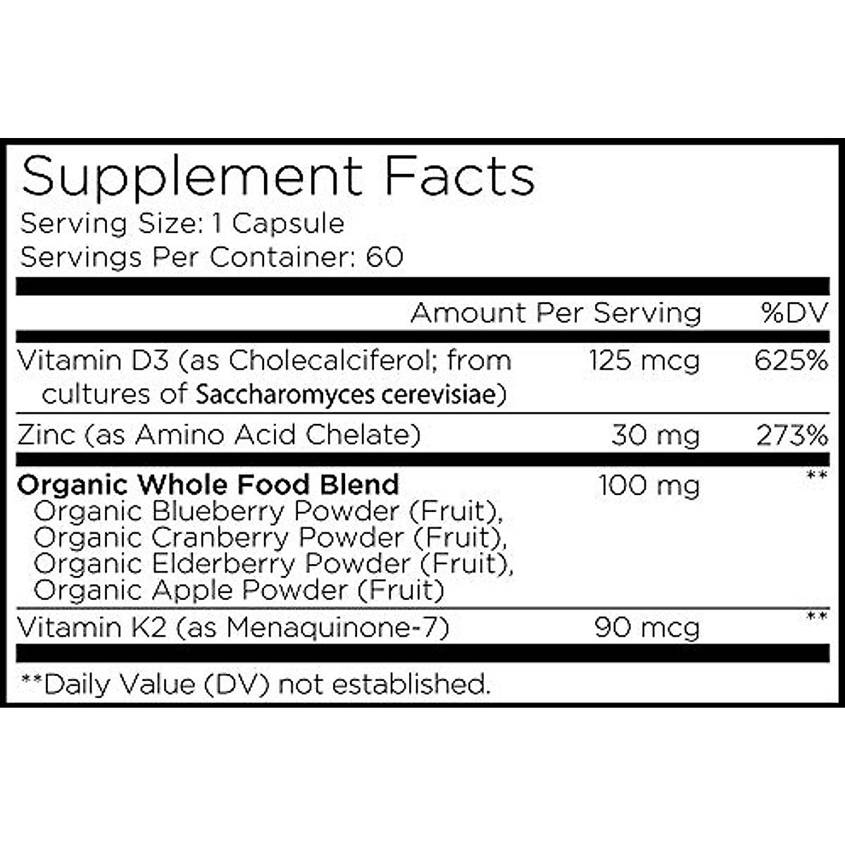 Amen Vitamin D, K2 & Zinc, Cholecalciferol D3 5000 IU, Organic Whole Food Blend with Apple, Blueberry, Cranberry, Elderberry Powder Fruits, Vegan Supplement, D3 K2 Vitamins, Non-GMO - 60 Capsules