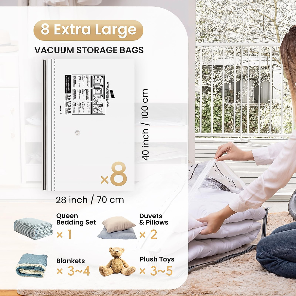 TAILI Long Side Zip - 8 Extra Large Vacuum Storage Bags for Bedding for Towels, Blankets, Pillows or Clothes-Space Saver Vacuum Seal Bags for Clothing Ideal Under Bed Storage Solution