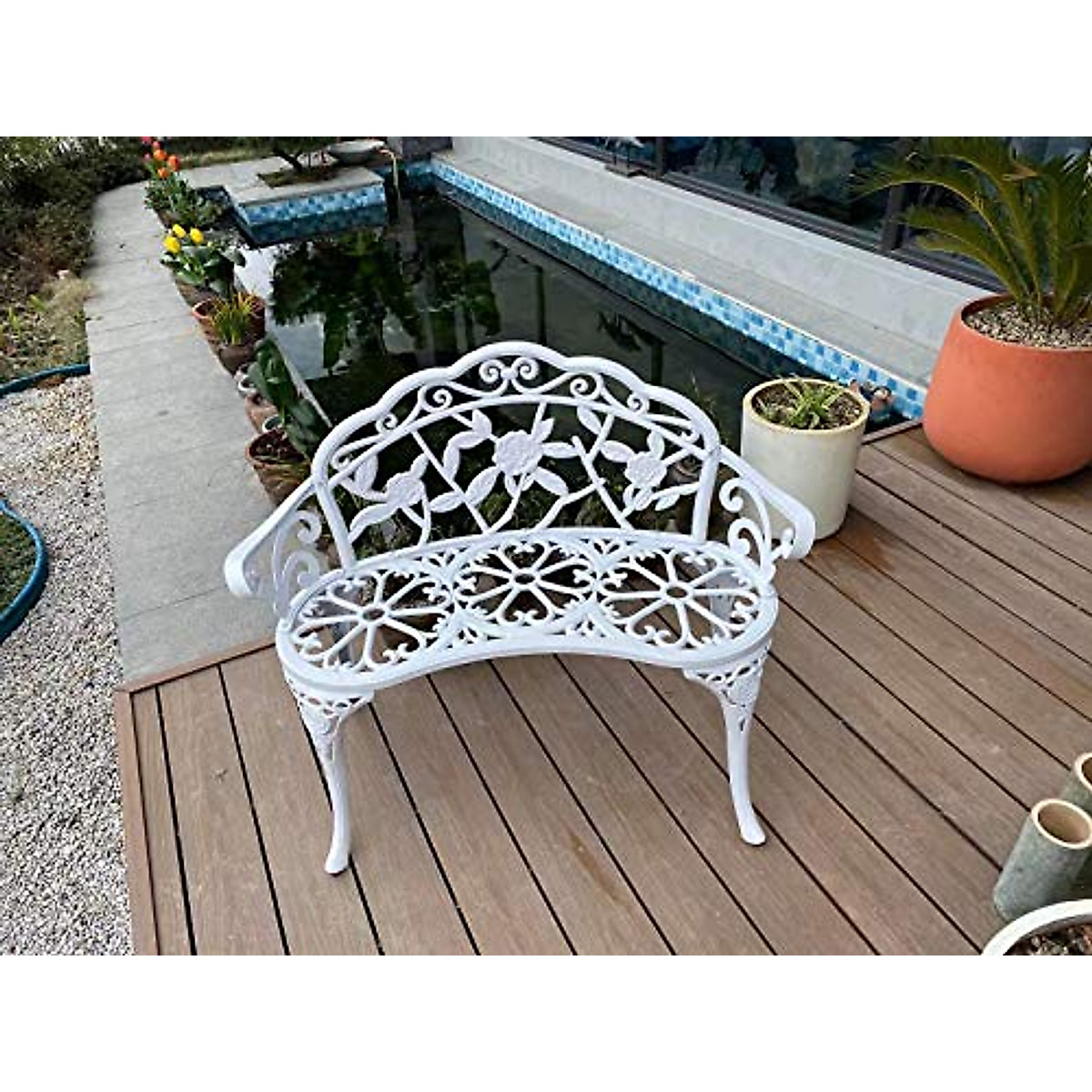 C/G Patio Balcony Bench Double Seat, Anti-Rust Cast Aluminum Patio Garden Bench for Park Yard Outdoor Furniture White