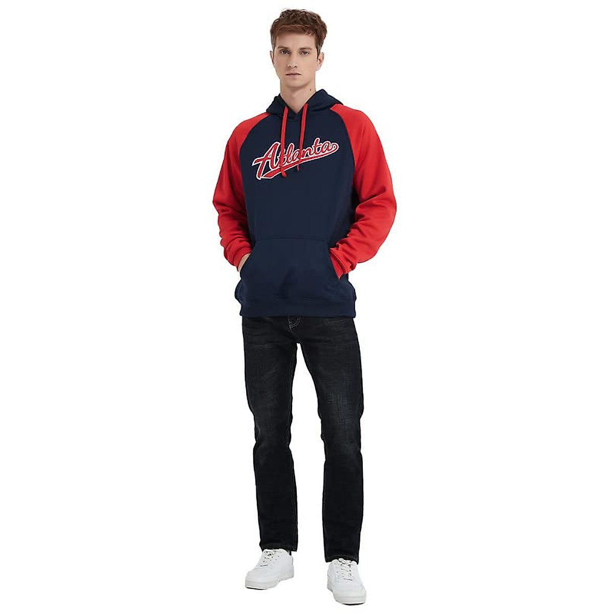 DELUSPTOMAY Mens Atlanta Baseball Team Big Embroidery Hooded Sweatshirt Pullover Casual Hoodie - Navy XL