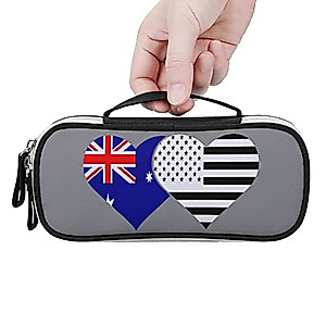 Australian Flag and American Flag PU Leather Pencil Pen Case Organizer Travel Makeup Handbag Portable Stationery Bag