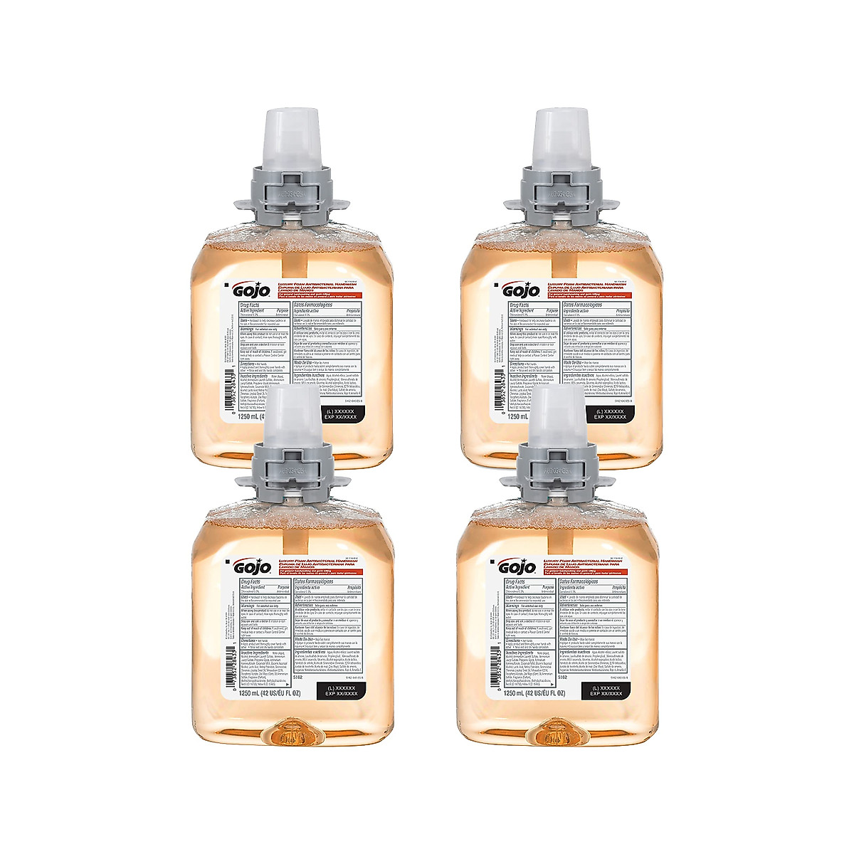 GOJO Luxury Foam Antibacterial Handwash, Fresh Fruit Fragrance, 1250 mL Foam Hand Soap Refill FMX-12 Push-Style Dispenser (Pack of 4) – 5162-04