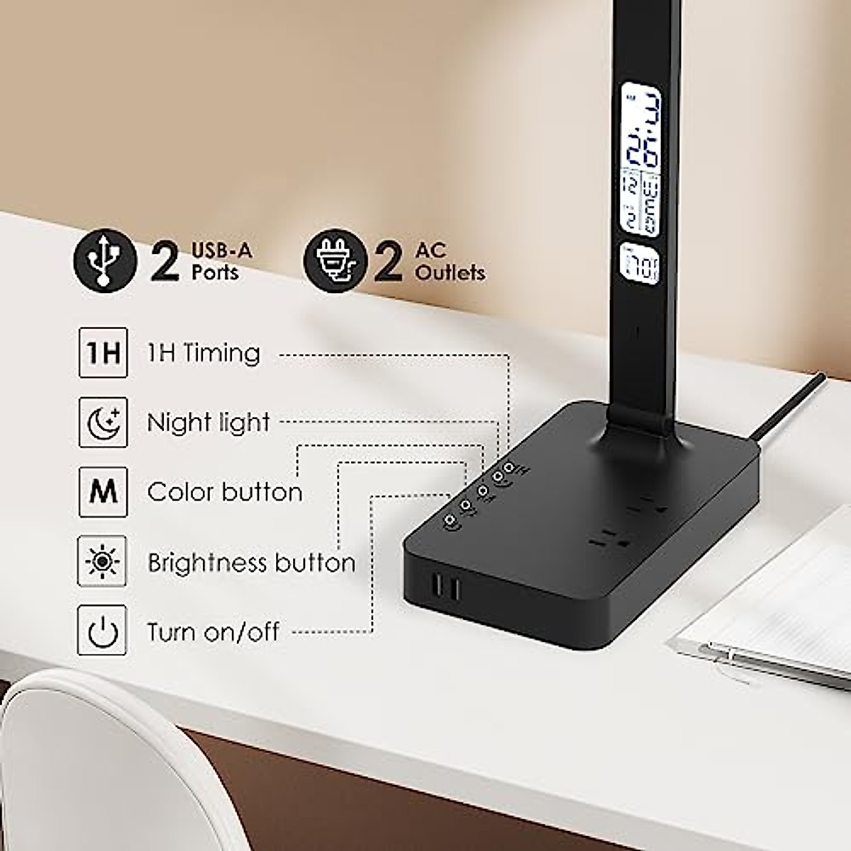 LED Foldable Desk Lamp with 2 USB Charging Port & 2 AC Power Outlets, 5 Color& 5 Brightness.Touch Control Dimmable Office/Home Timer Table Lamps with Clock, Alarm, Date, Temperature, Night light.