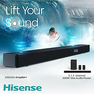 Hisense AX5125H 5.1.2Ch Sound Bar with Wireless Subwoofer, 500W, Dolby Atmos, Bluetooth 5.3, EzPlay, 4K HDMI Pass Through, Roku TV Ready, DTS:X, HDMI/AUX/ARC/Optical/USB, 7 EQ Modes