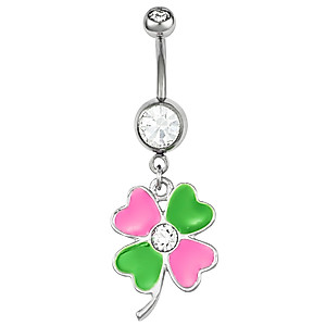 Forbidden Body Jewelry Surgical Steel Jeweled Pink and Green Four Leaf Clover Dangle Belly Button Ring