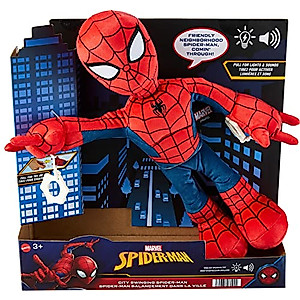 Marvel Spider-Man Plush Toy, City Swinging Soft Doll, 11-inch Super Hero Figure with Web-Swinging Action, Lights and Sounds