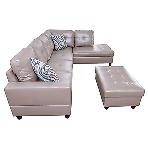 NOTOP 3-Piece Faux Leather L-Shaped Sectional Sofas, Button Tufted Upholstered Couch Set with Right Chaise Longue and Storage Ottoman, for Living Room, Home, Office, Latte