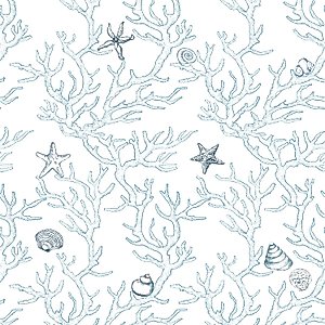 Akywall Ocean Wallpaper Peel and Stick White and Blue Contact Paper Textured Sea Coral Starfish Shells Self Adhesive Vinyl Roll Stick on Wallcovering Cute for Home Decor 78.7in