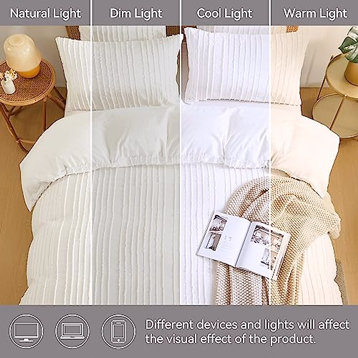Nayoroom White Boho Duvet Cover Set Queen Size Striped Textured Tufted Bedding Sets 3 Pieces Soft Lightweight Washed Microfiber Farmhouse Aesthetic Comforter Cover with Zipper Closure for All Seasons